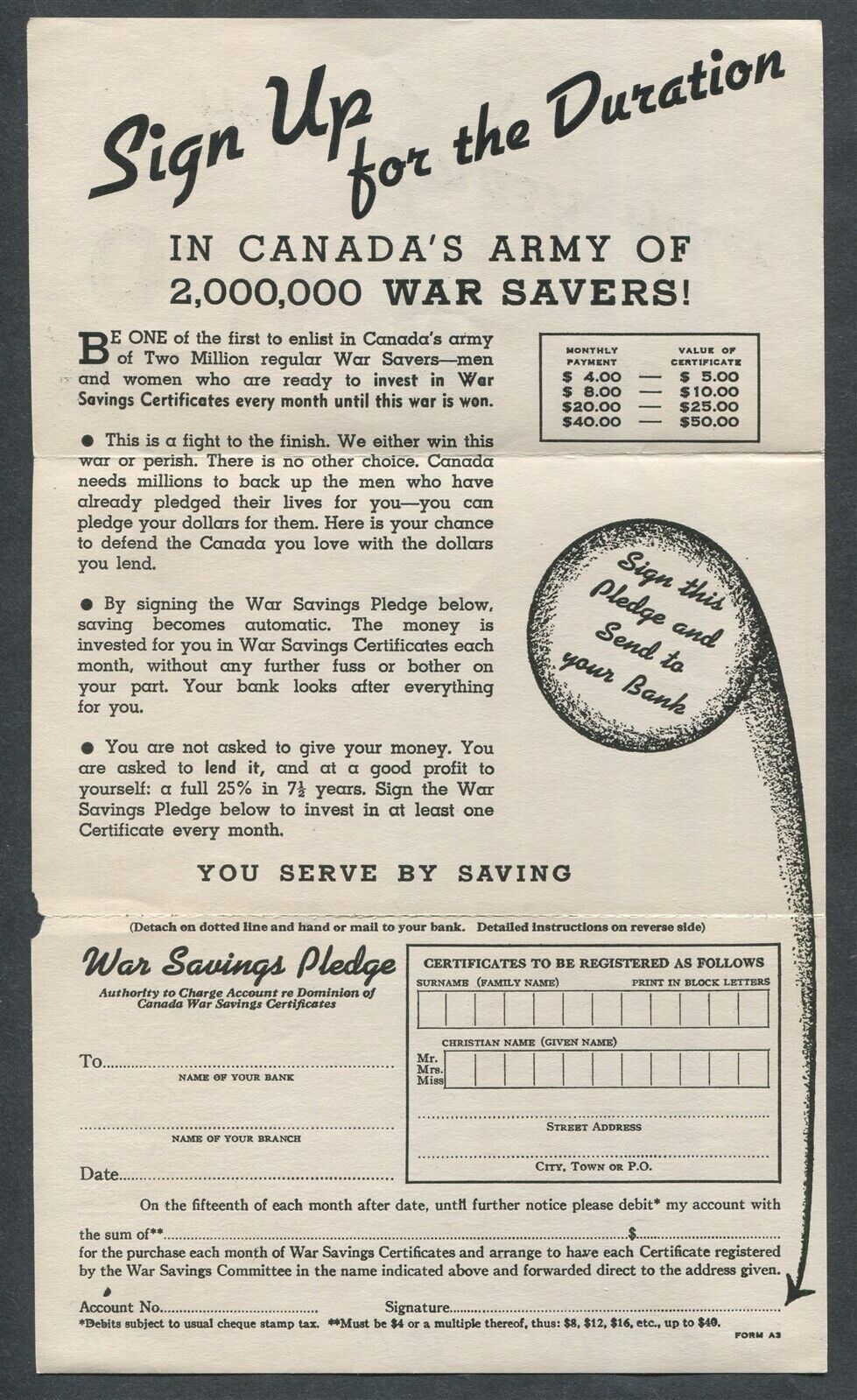 Canada Revenue WWII War Savings Pledge Form "O.H.M.S. Help Smash Hitler ...