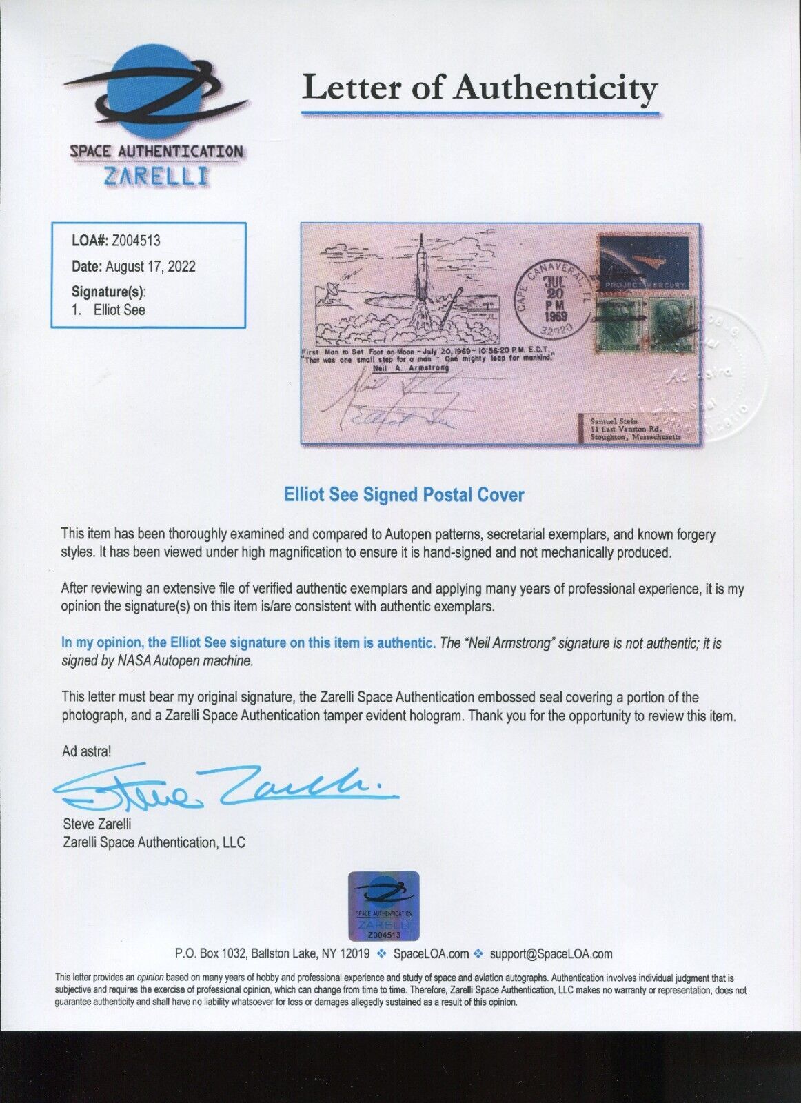 Astronaut ELLIOT SEE Signed Apollo 11 Cover with Zarelli Cert (CV 1029 ...