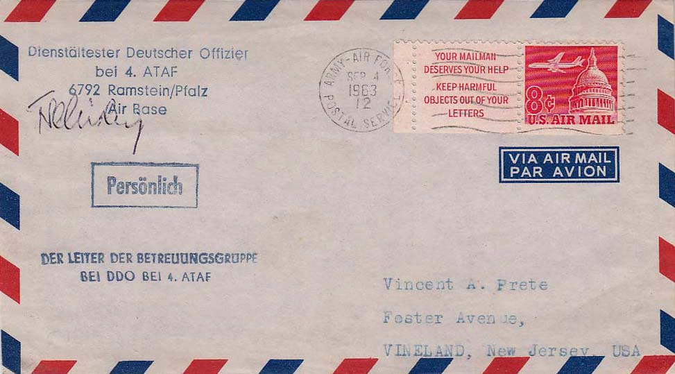 United States A.P.O.'s 8c Airliner Over Capitol with Tab 1963 Army-Air ...