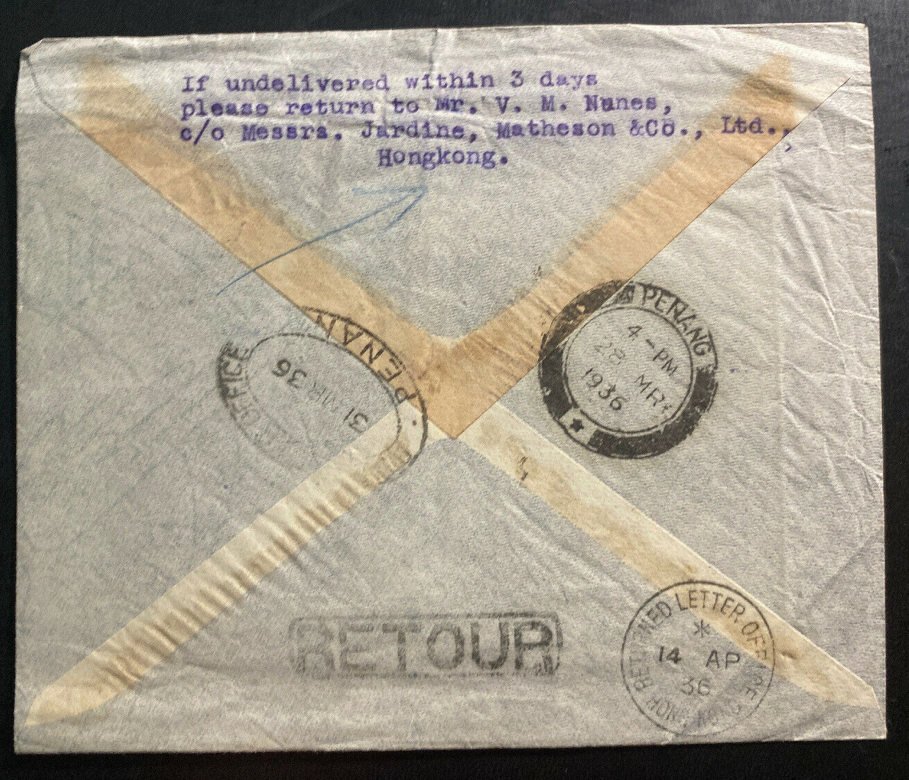 1936 Hong Kong First Flight Airmail Cover FFC to Penang Malaya RMA ...