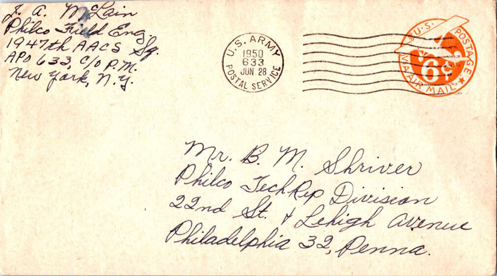 United States A.P.O.'s 6c Monoplane Air Envelope 1950 U.S. Army, Postal ...
