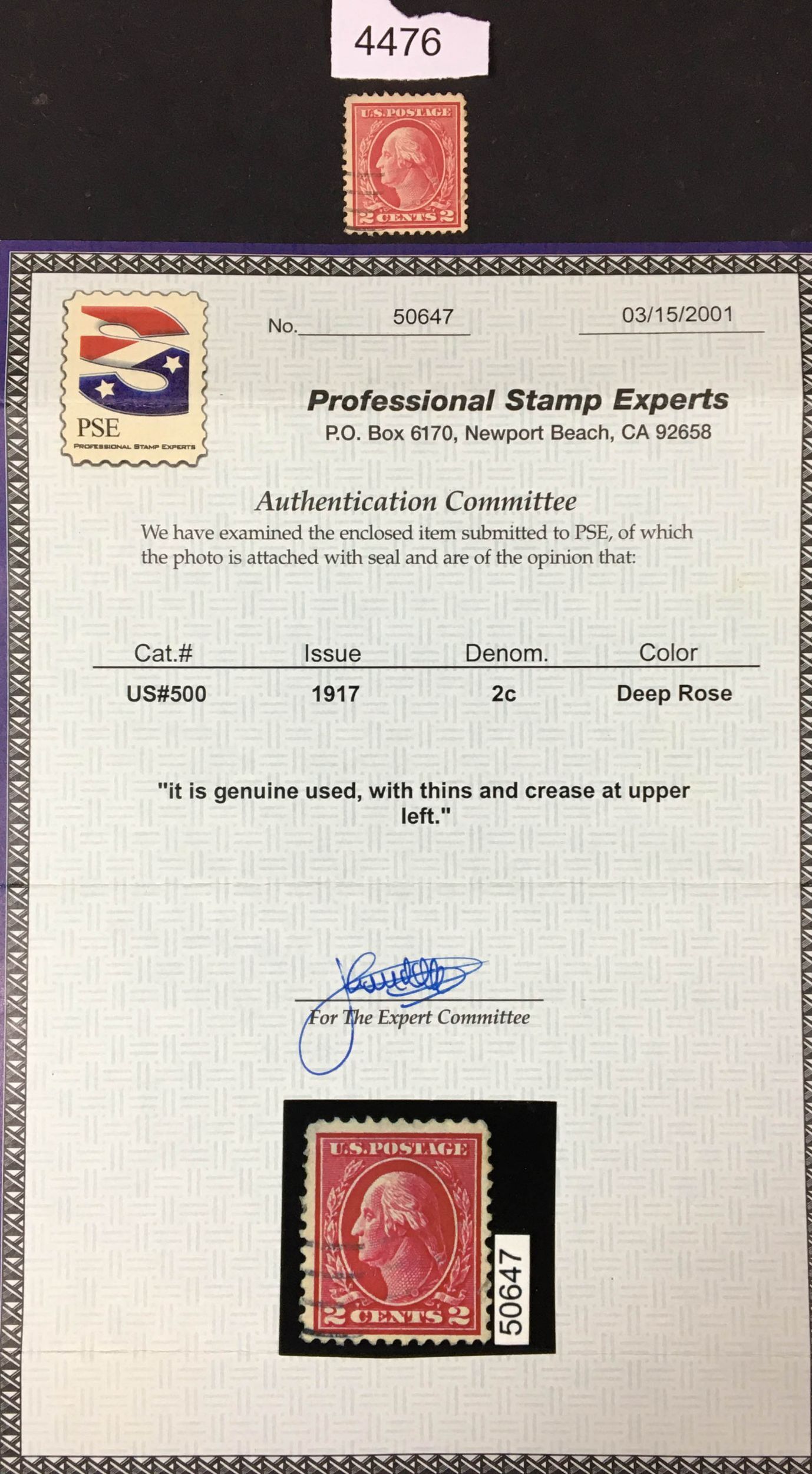 US Stamps # 500 Used PSE Cert $250 LOT #4476 | United States, General ...