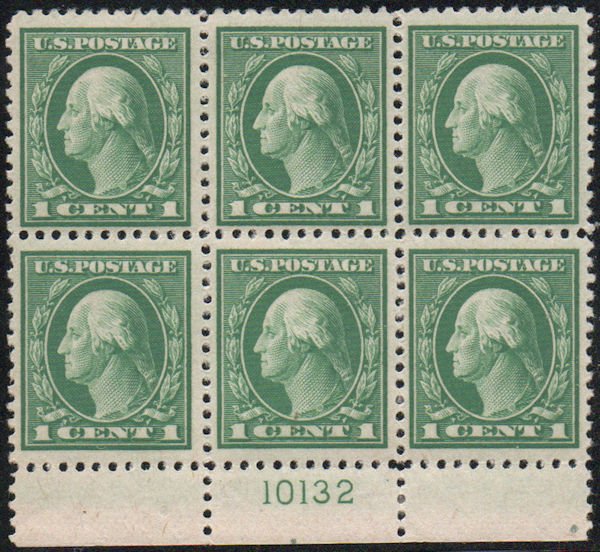 US #498 PLATE BLOCK, VF to SUPERB JUMBO, mint hinged, 4 outer stamps ...