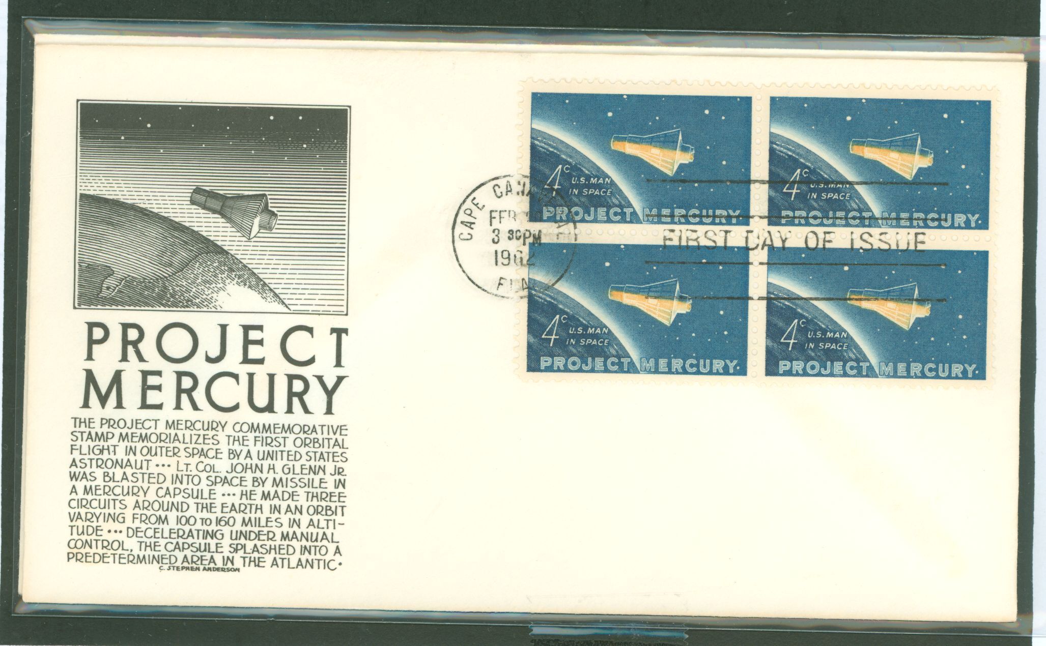 US 1193 Project Mercury Anderson blk. of 4 & art craft single 1st day ...