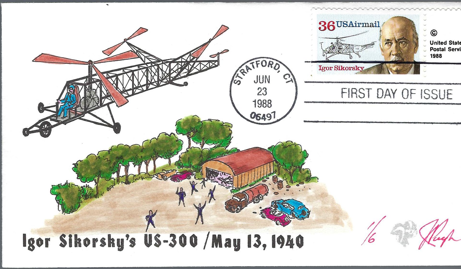 Pugh Designed/Painted Igor Sikorsky US-300 w/Postal Selvage...1 of 6 ...