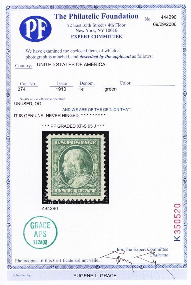 374, Mint NH 1¢ XF-Superb JUMBO - PFC Graded 95J Certificate * Stuart ...