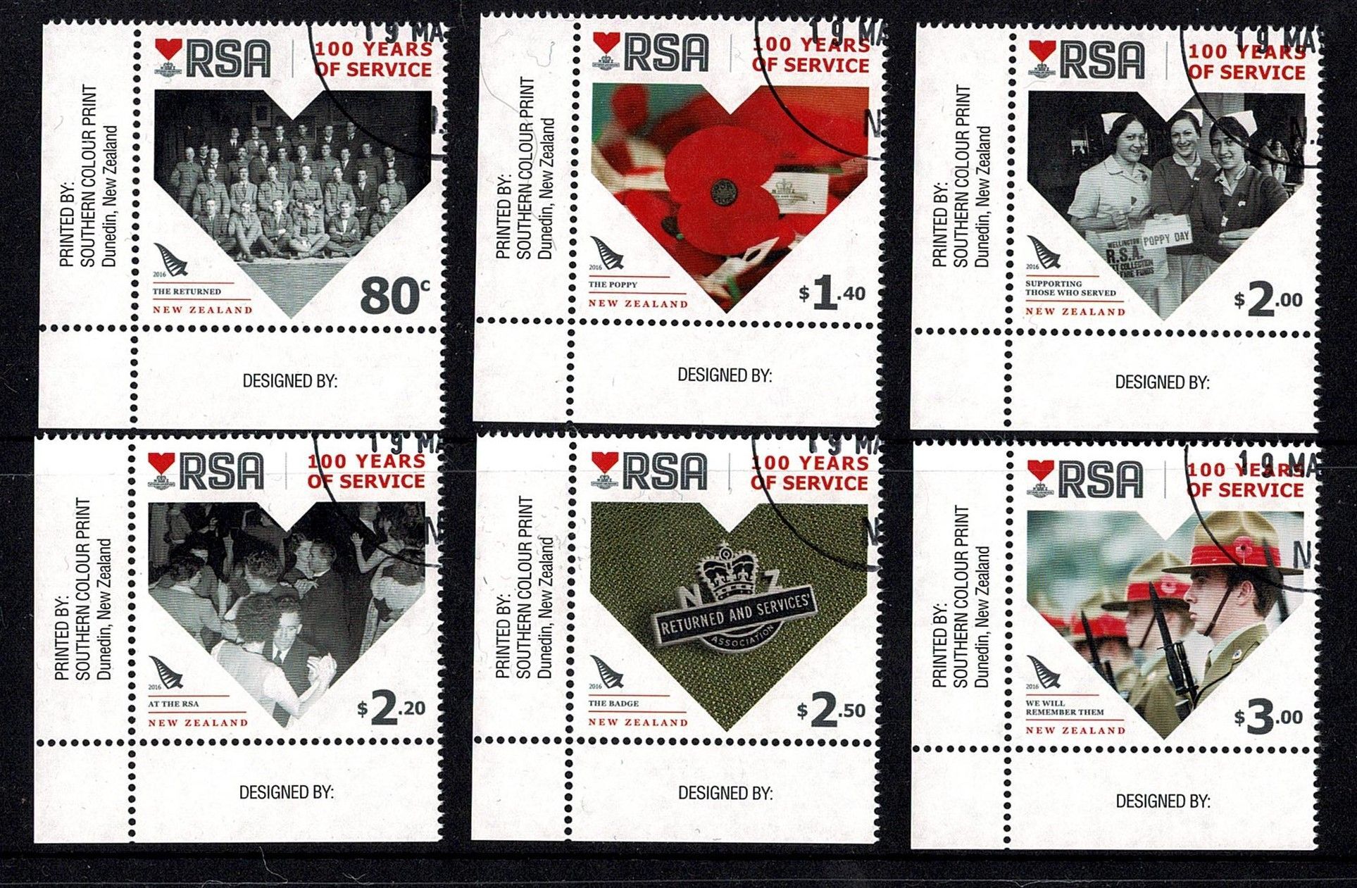 New Zealand 2016 RSA - 100 Years of Service Corner Set of 6 Used ...