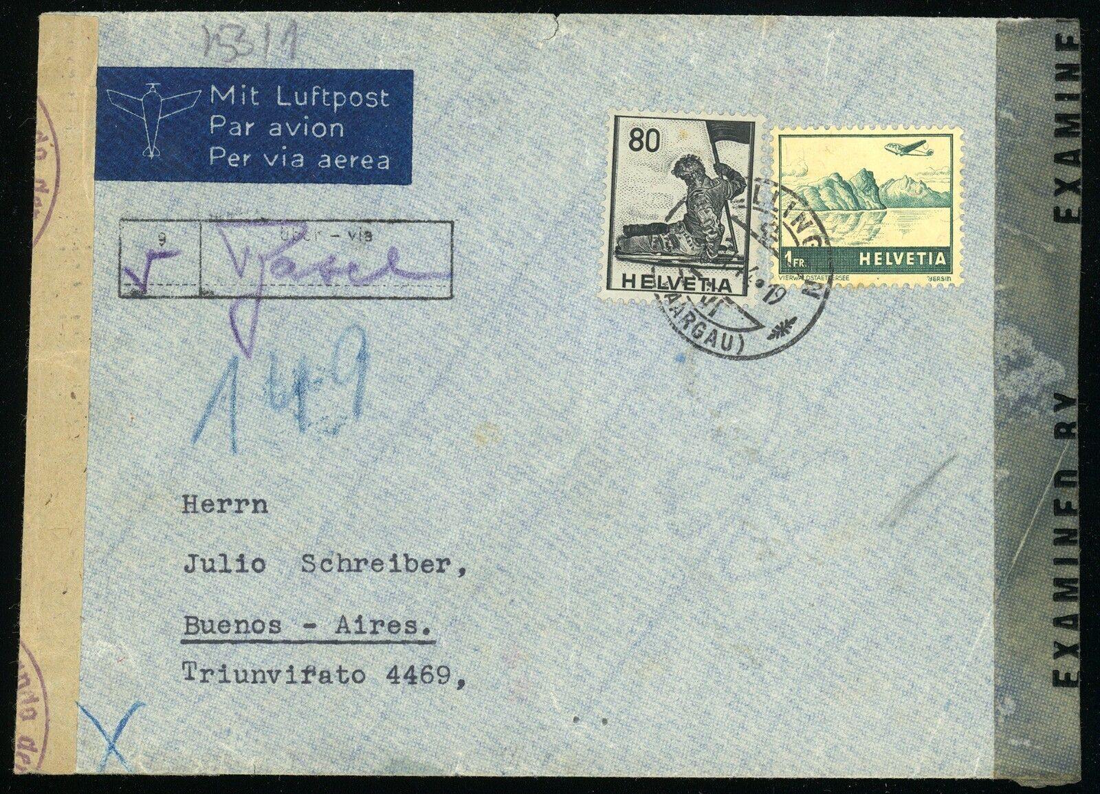 Switzerland Argentina Registered Airmail Cover 1944 WWII German Censor ...