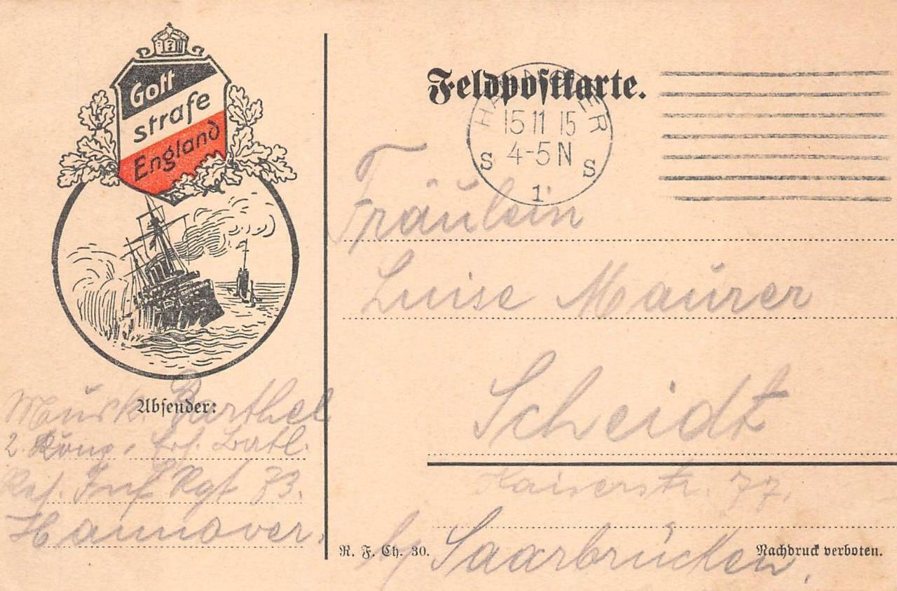 Germany WW1 Feldpost Card Gott Strafe England Ship Propaganda Postcard ...