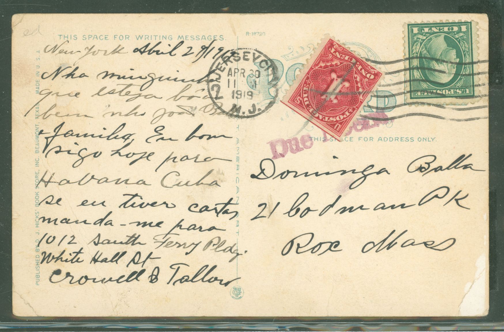 US 498/J61 1cent stamp on postcard dated April 30, 1919. Used before ...