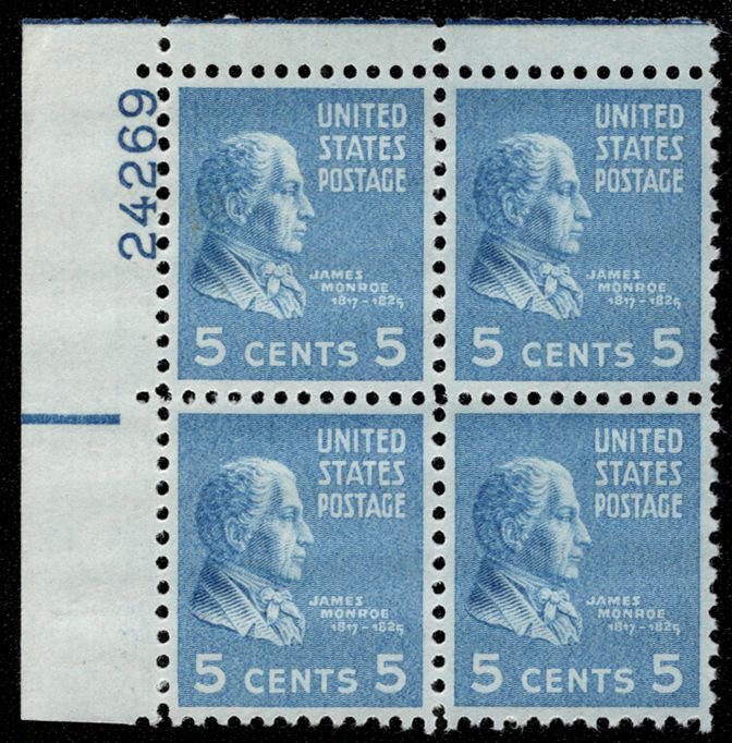 US #810 PLATE BLOCK, SUPERB mint never hinged, 5c Monroe, SUPER ...