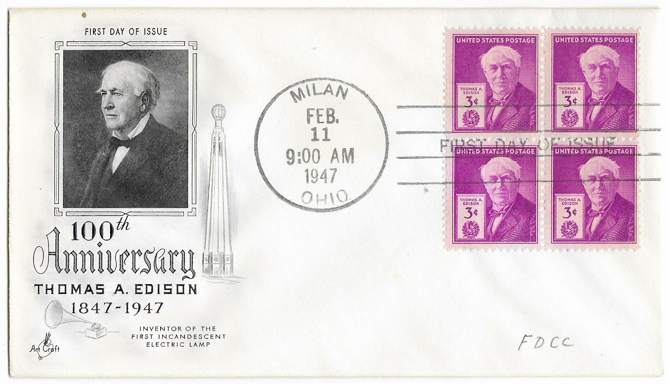 1947 FDC, #945, 3c Thomas Edison, Art Craft, block of 4 | United States ...