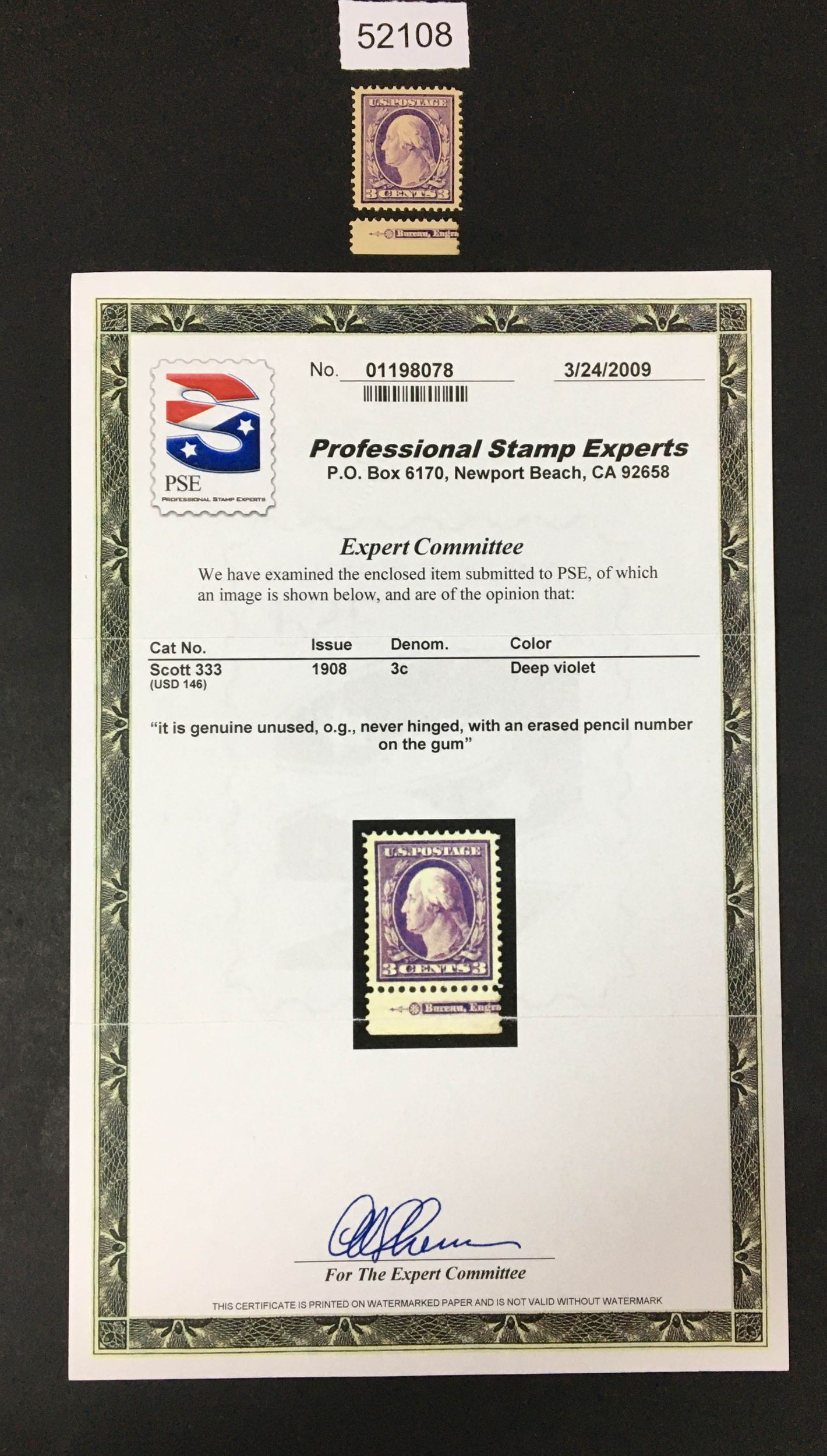 US Stamps # 333 Mint OG NH **Pse Cert** LOT #52108 | United States ...
