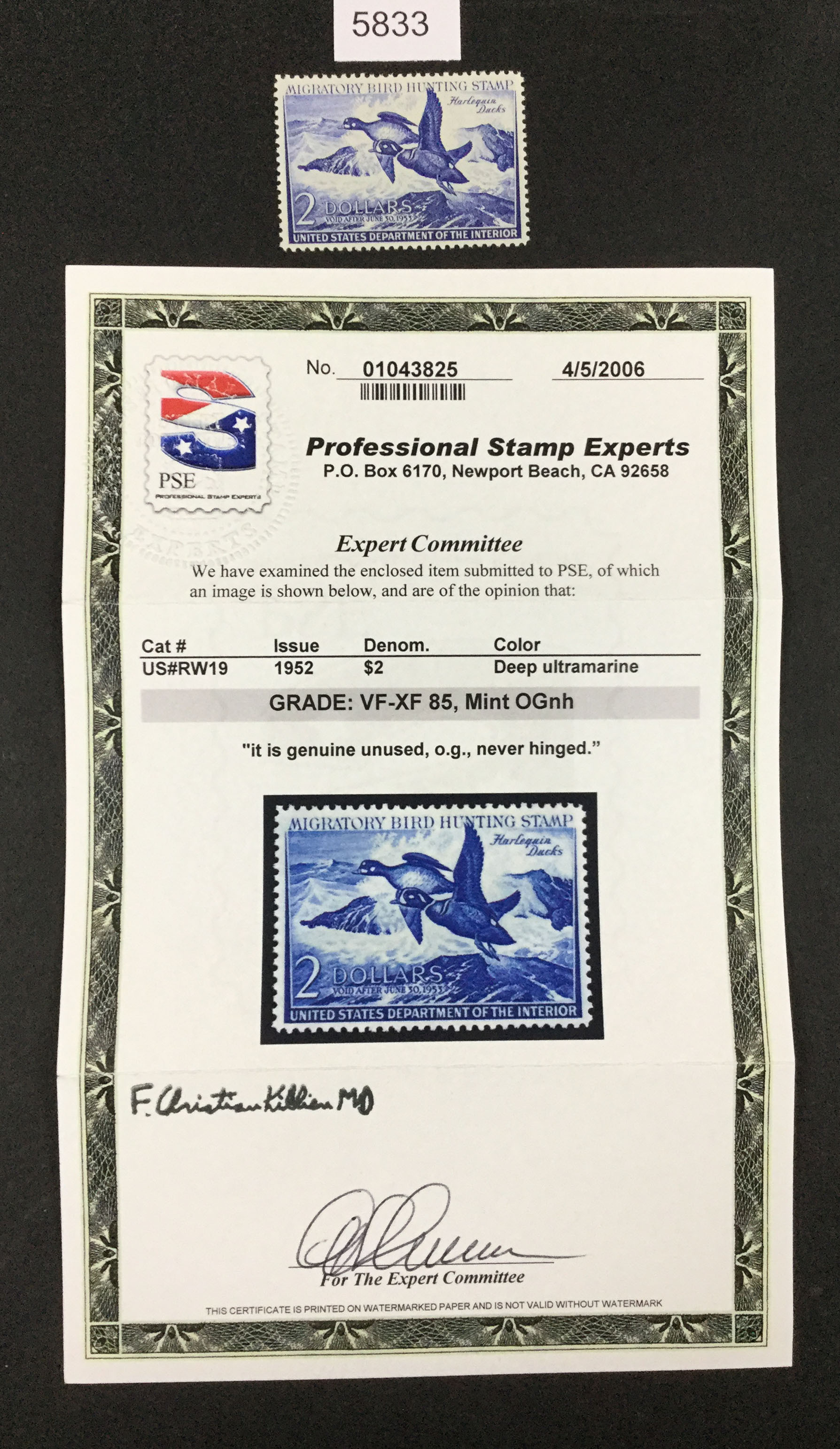US Stamps # Rw19 Mint OG NH *Pse Graded Vf-Xf 85 Cert* LOT #5833 ...
