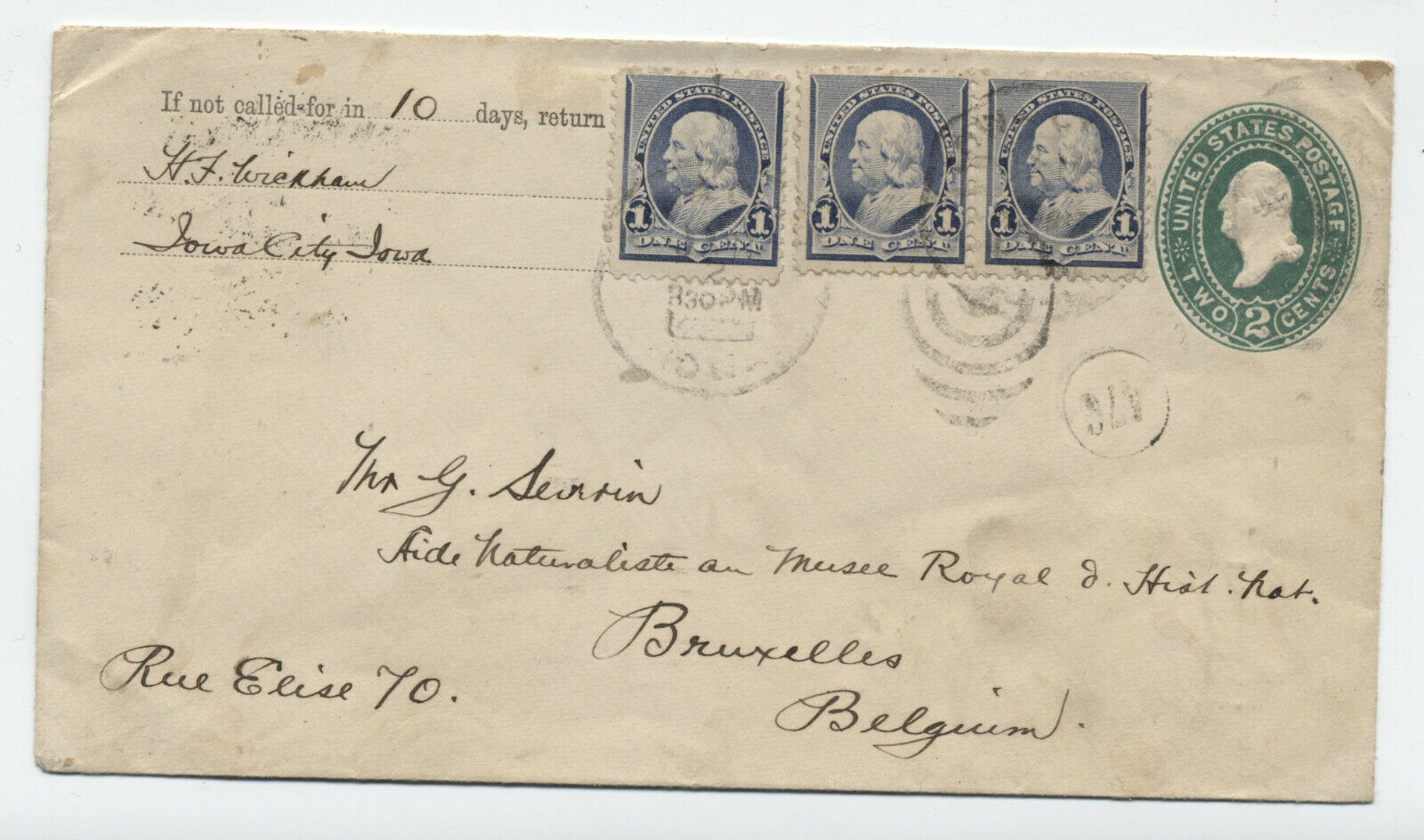 1895 Iowa City IA cover to Belgium 3x 1ct small banknote [H.1867 ...