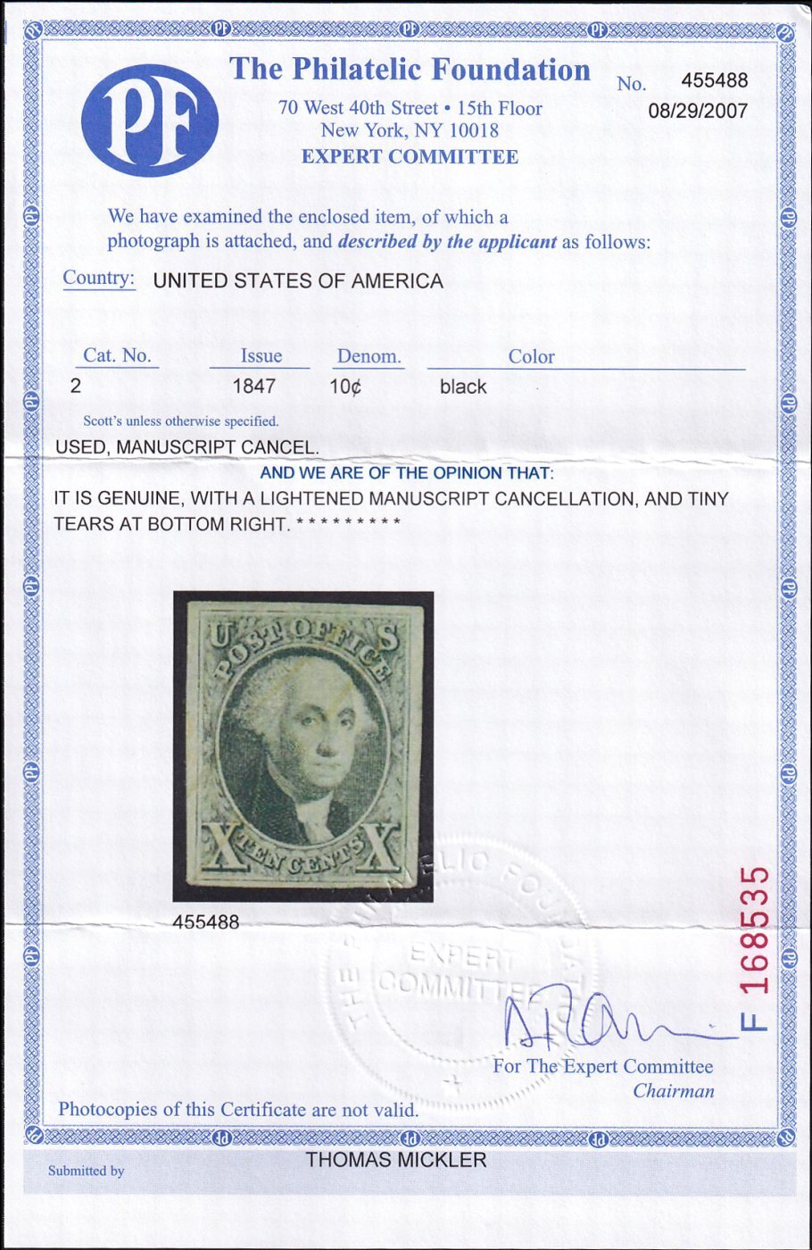 US #2 Used Single, With Cert. | United States, General Issue Stamp ...
