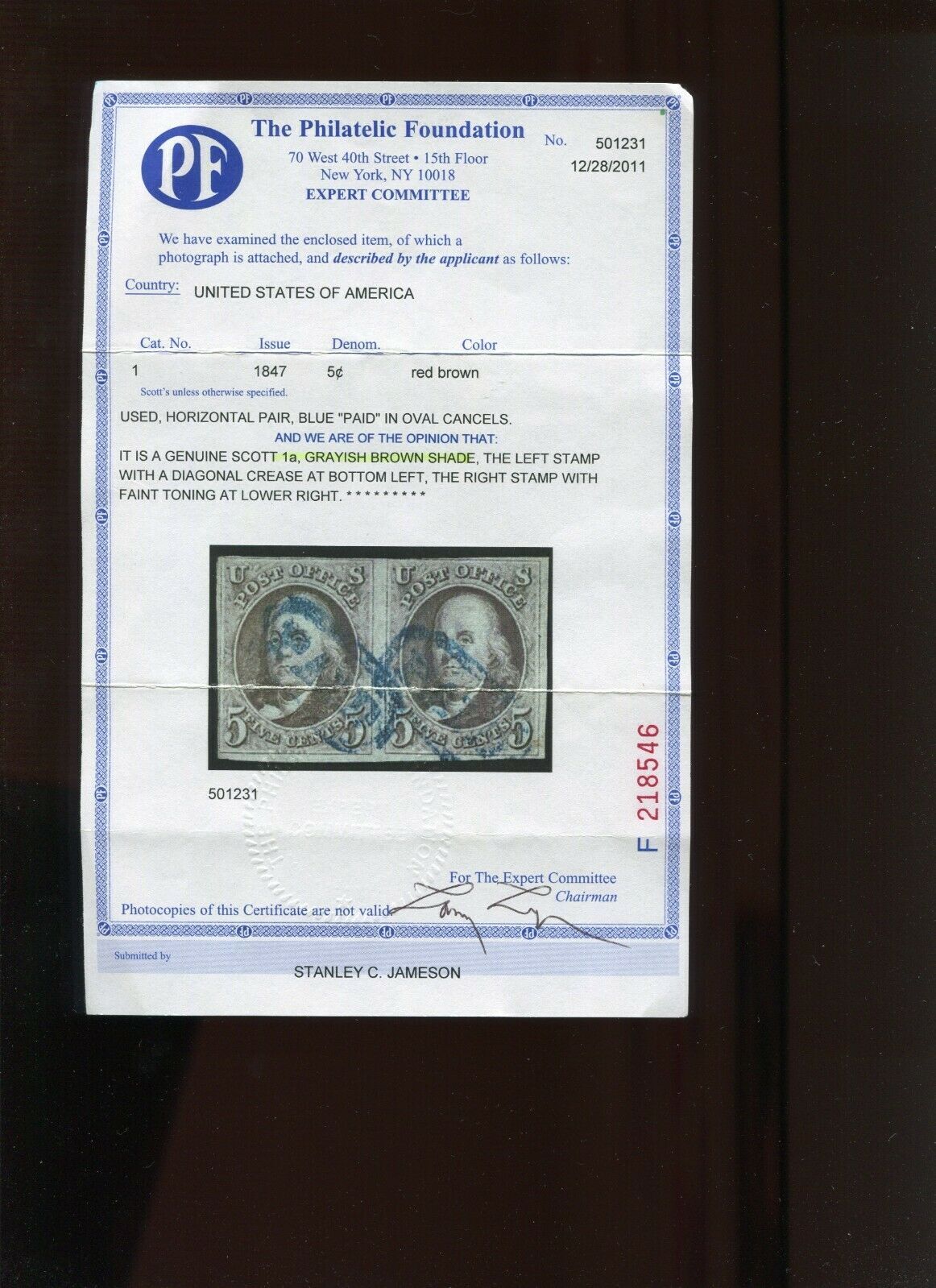 1a Franklin Used Pair Grayish Brown Var with Blue Boxed "PAID" Cancel ...