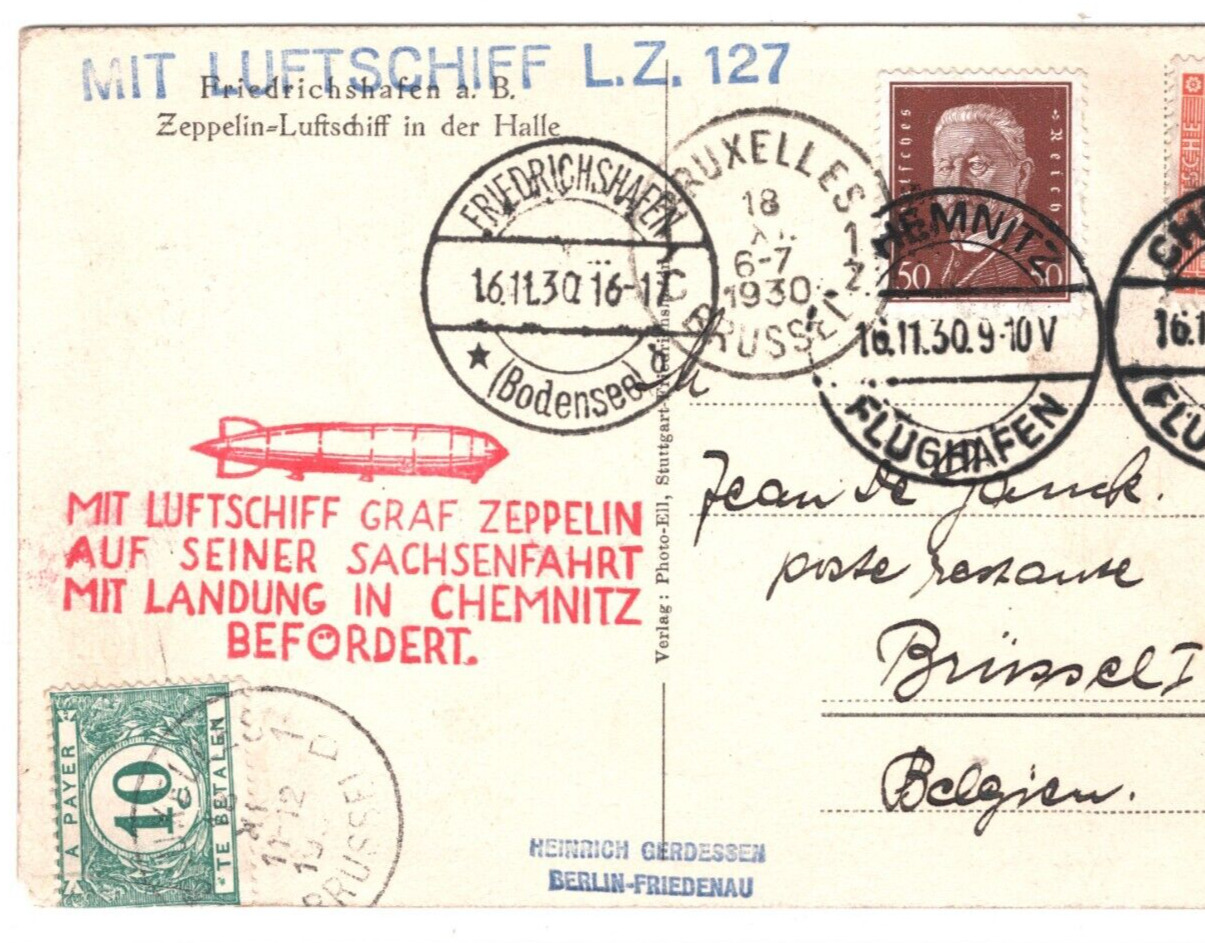 GERMANY Card GRAF ZEPPELIN Air *BELGIUM POSTAGE DUE* 1930 Chemnitz ...