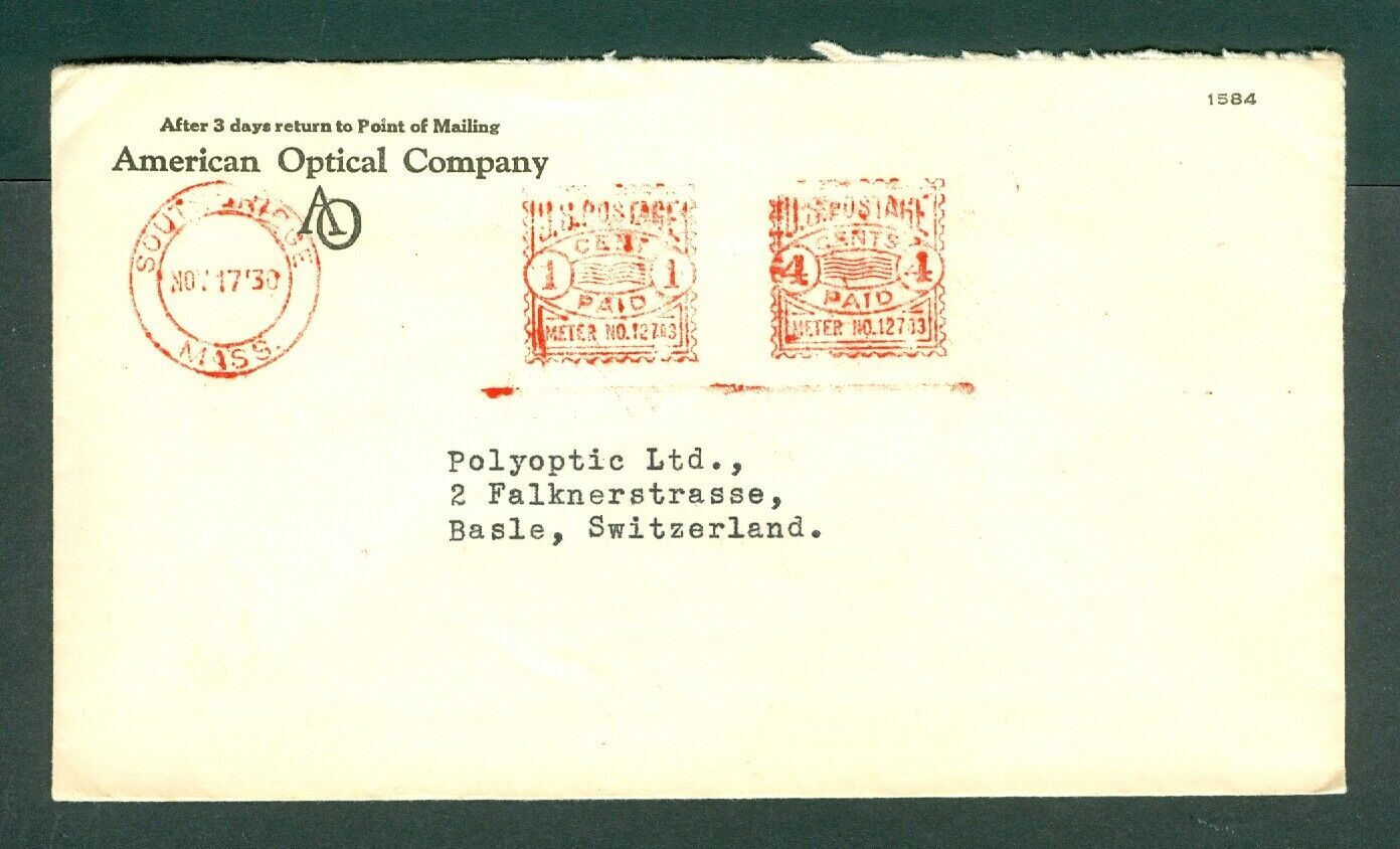 USA. 1930 Cover Commercial. American Optical Comp. Red 1+4c Meter Stamp ...