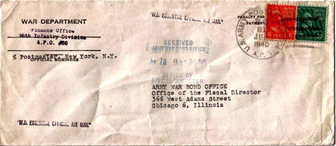 United States A.P.O.'s 6c Adams and 20c Garfield Prexie 1945 U.S. Army ...