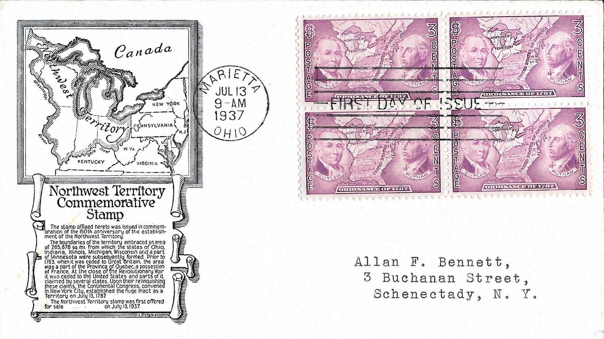 1937 FDC, #795, 3c Northwest Territory, Anderson, block of 4 | United ...