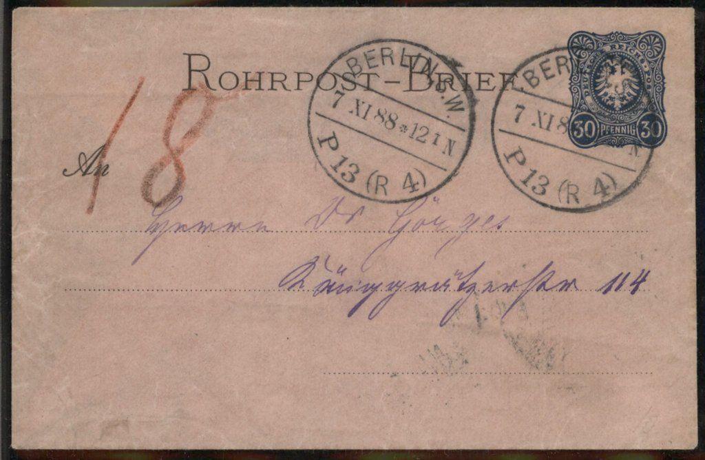 German 1888 Empire Berlin Rohrpost Pneumatic Mail Stationery Cover ...