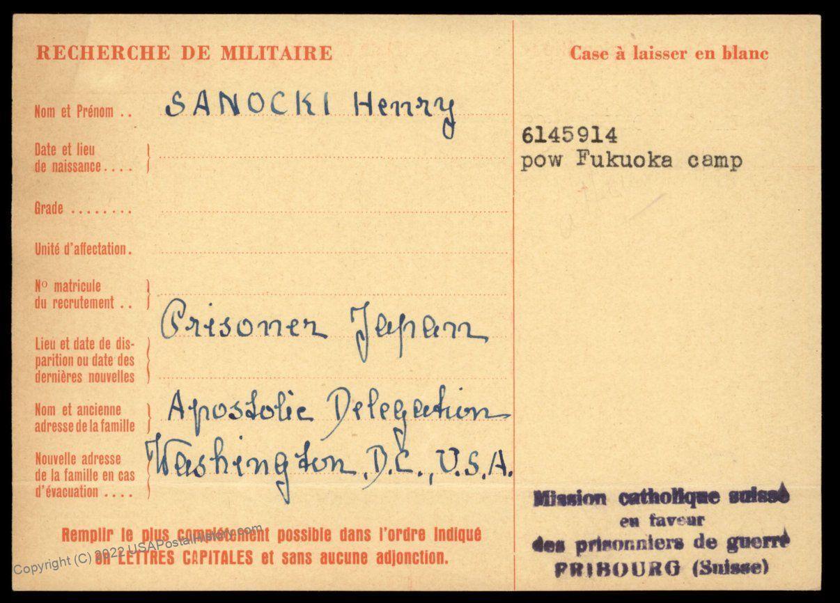 USA 1944 Pacific Japan Fukuoka POW Camp Red Cross Card 89689 ...