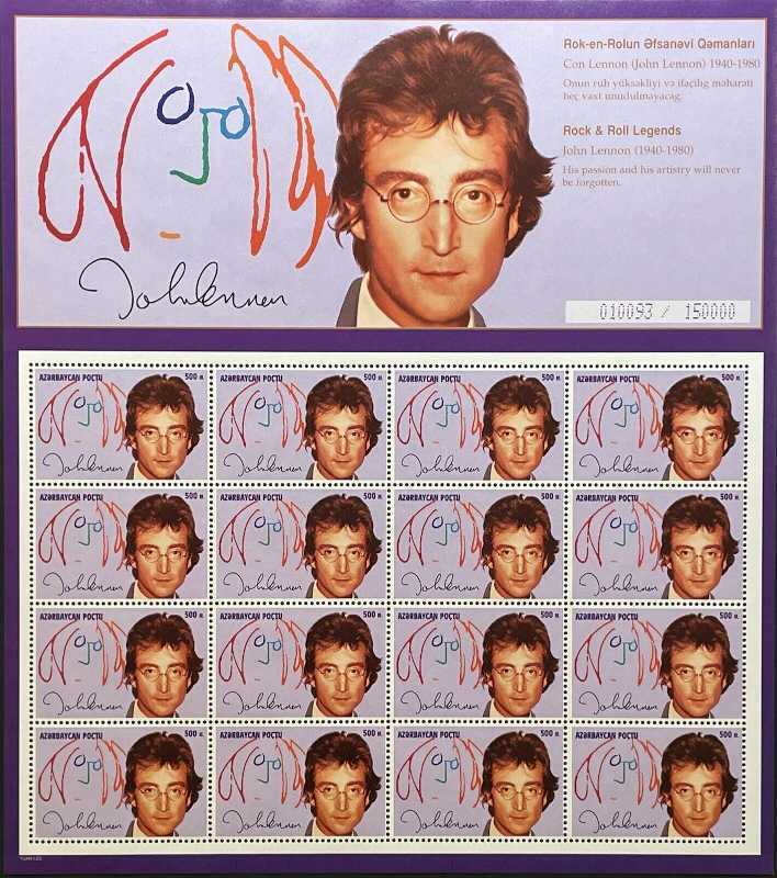 Rock & Roll Legend John Lennon - Azerbaijan 1995 16 Stamp Sheet - Scott ...