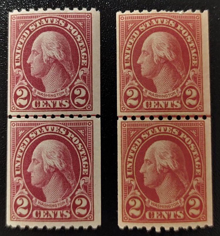 Scott Stamp #606 & 606a -Scarce MNH OG 2¢ Carmine Lake Coil LINE Pair ...