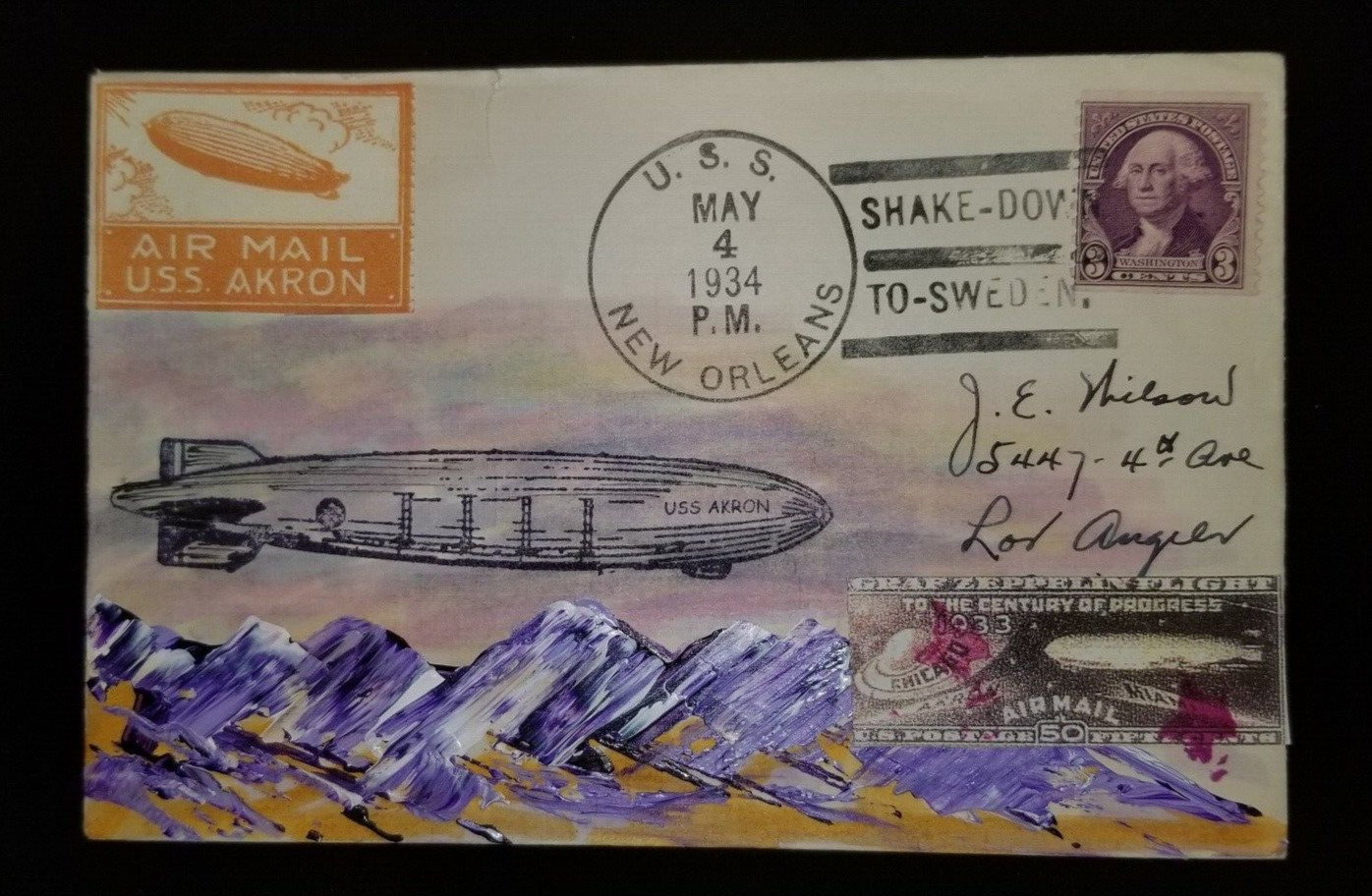 1934 USS New Orleans Hand Painted Sweden Cruise Cover Akron Graf ...