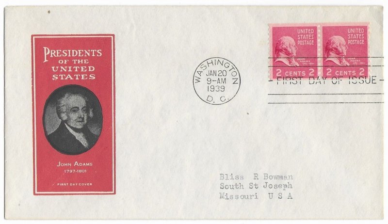 1939 Prexie Coil FDC, #841, 2c John Adams, Ioor, pair - #2 | United ...
