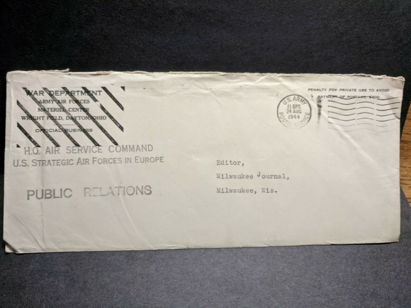 11 BPO ENGLAND or FRANCE 1944 Official WWII Army Cover US STRATEGIC AIR ...
