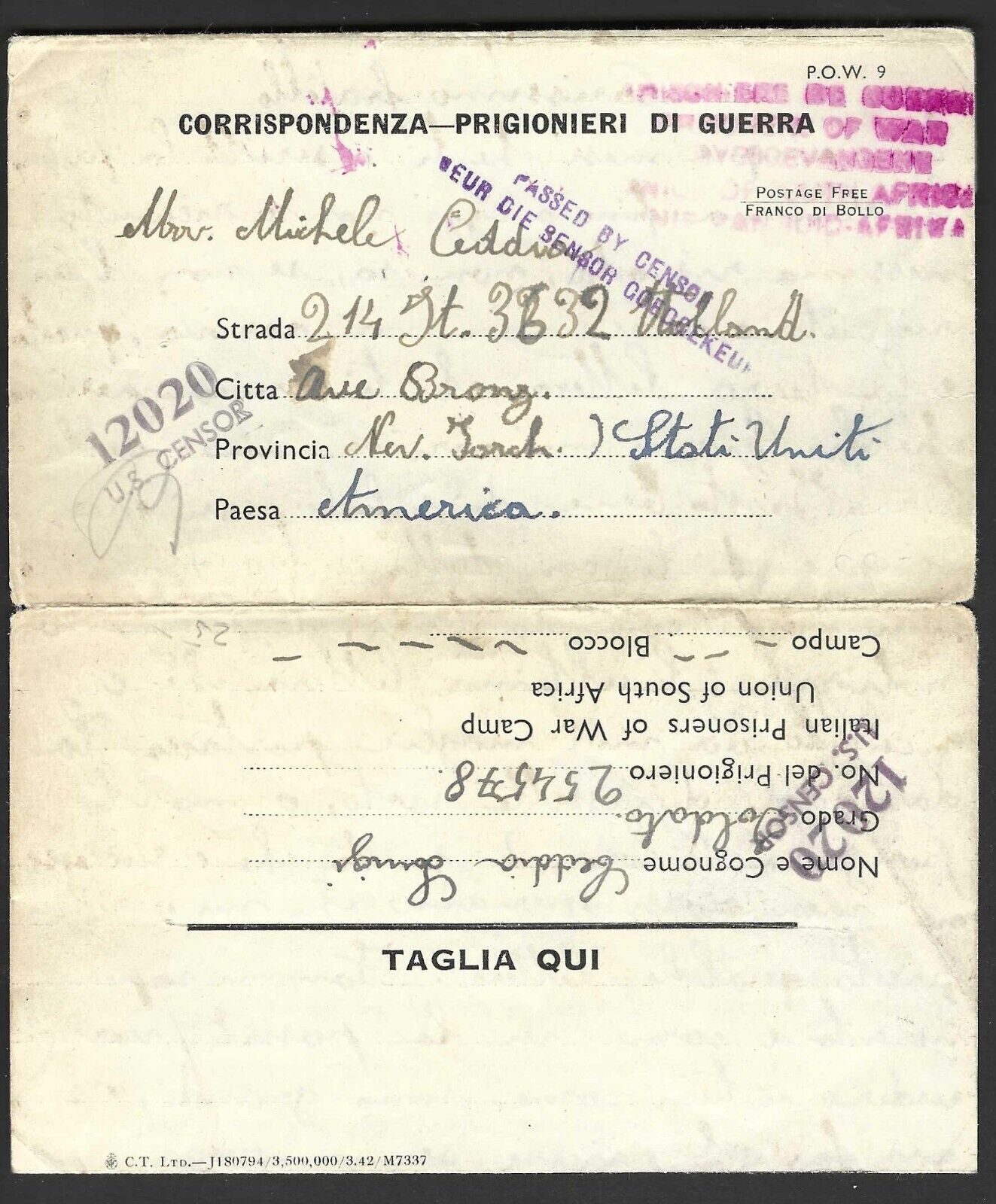 South Africa to US 1944 Italy Prisoner of WAR Camp Folded Letter POW ...