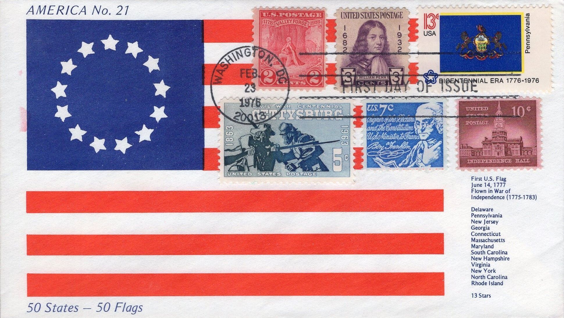 AMERICA Printed Cachet Combo FDC for the 1976 Pennsylvania State Flag ...