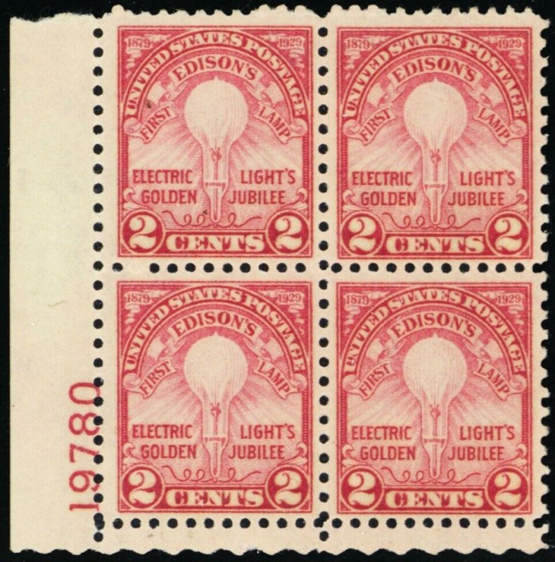 655, Mint VF NH 2¢ Edison Light Plate Block of 4 Stamps - Stuart Katz ...