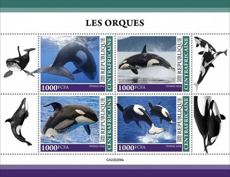 Central Africa - 2022 Orcas, Killer Whales - 4 Stamp Sheet - CA220209a ...