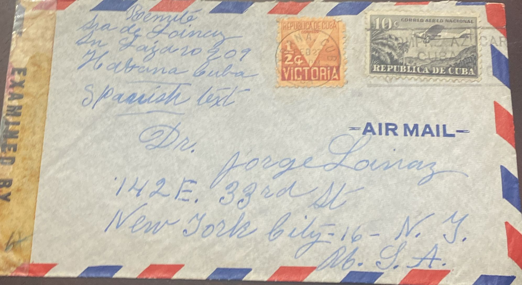 O) Cuba, Censorship, Victory 1/2c, AIR Post Stamp - Airplane ...