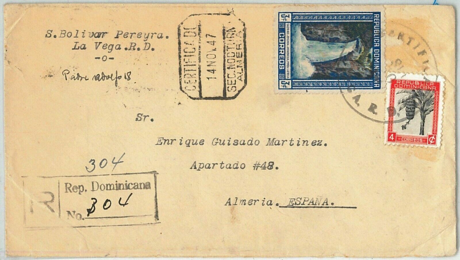64645 - Dominicana - Postal History - Letter to Spain 1947 - Waterfall ...