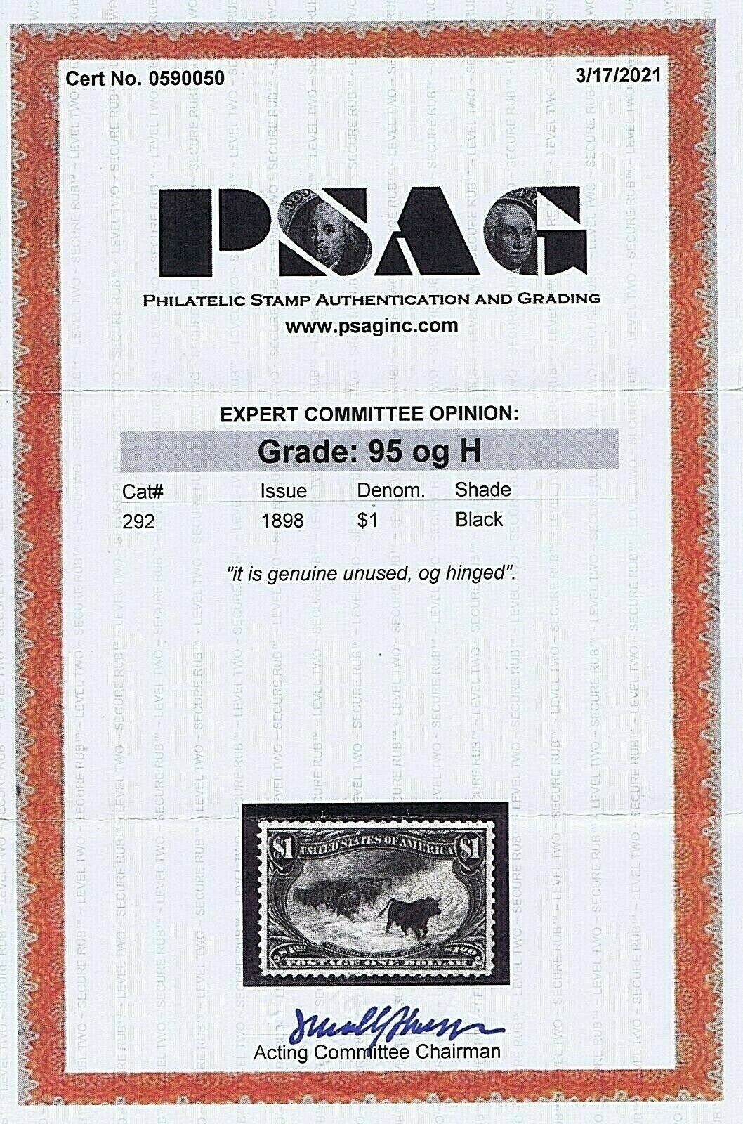 Sc#292 Unused OG Hinged $1 Western Cattle in Storm 1898 2021 Psag Cert ...