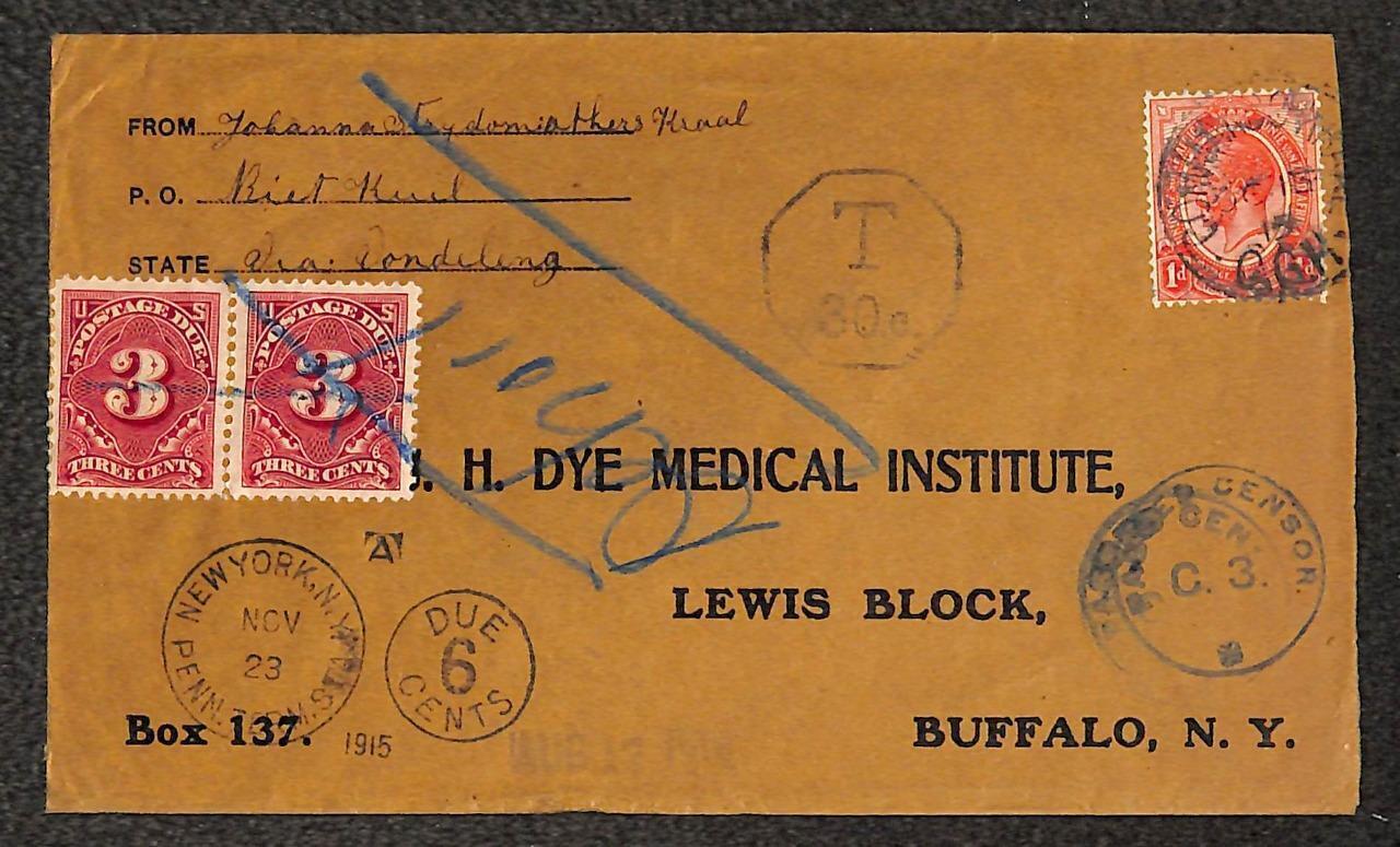 South Africa 3 & USA J47 Postage DUE Stamps WW1 Military Censored ...