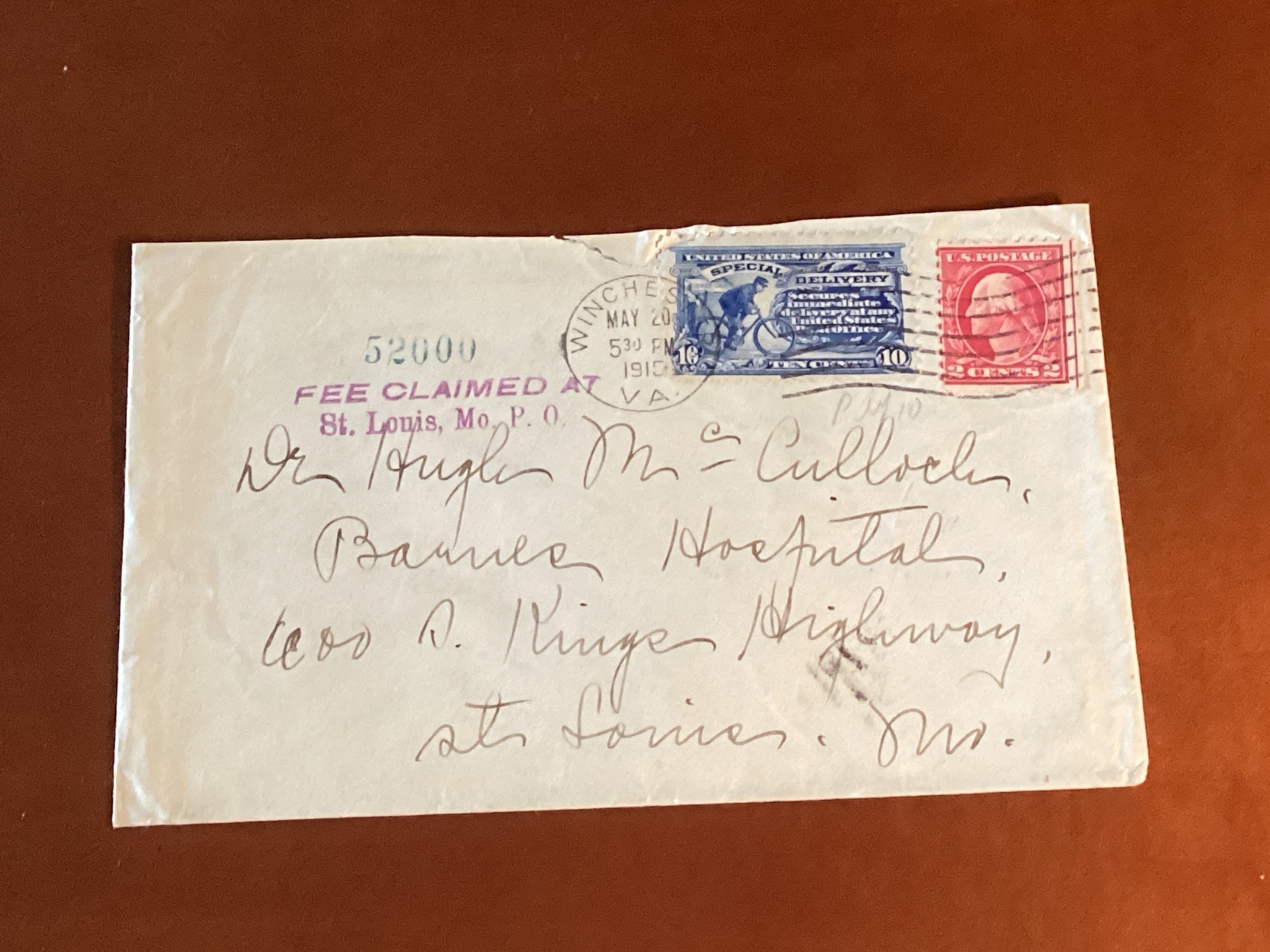 5/20/1915 cover Winchester VA to St Louis MO #E9 Fee Claimed 52000 RPO ...