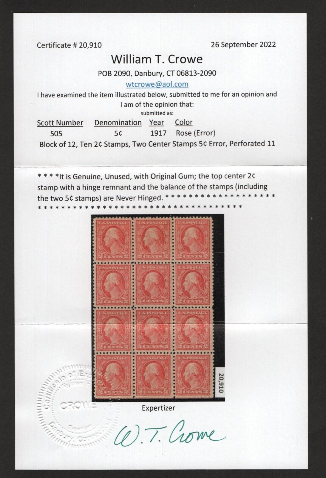 SCOTT #505 DOUBLE ERROR BLOCK-F-VF -Errors NH- w/Crowe Cert. SCV 1,250 ...
