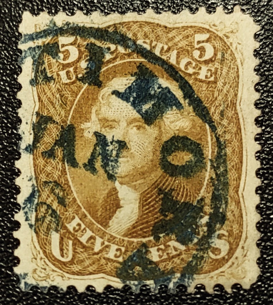 Scott Stamp# 67b-Used 1861-62 5¢ Jefferson Scarce Olive Yellow. SCV ...
