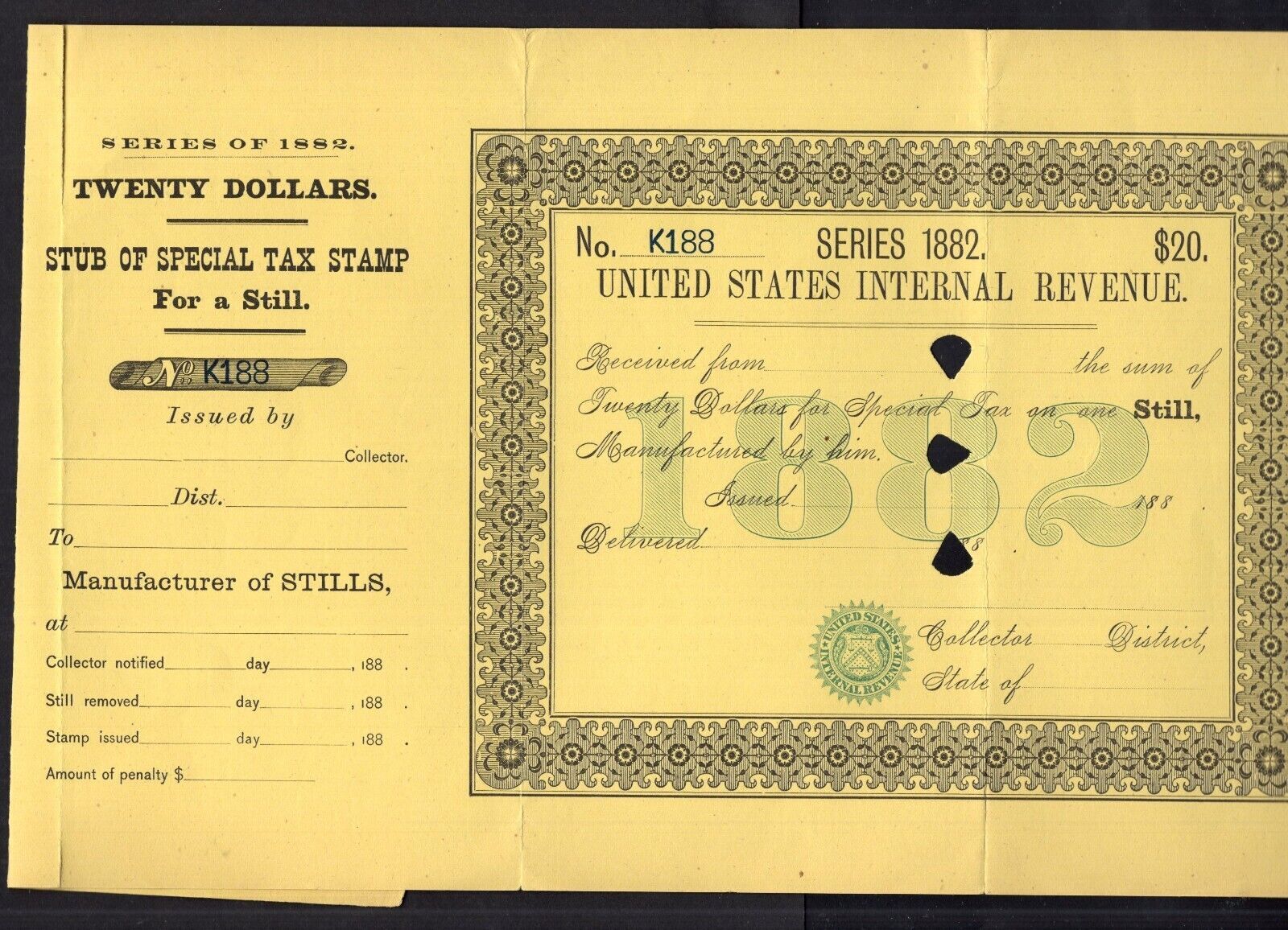 U.S. - Special Tax Stamp for a Still - Twenty Dollars (series 1882 ...
