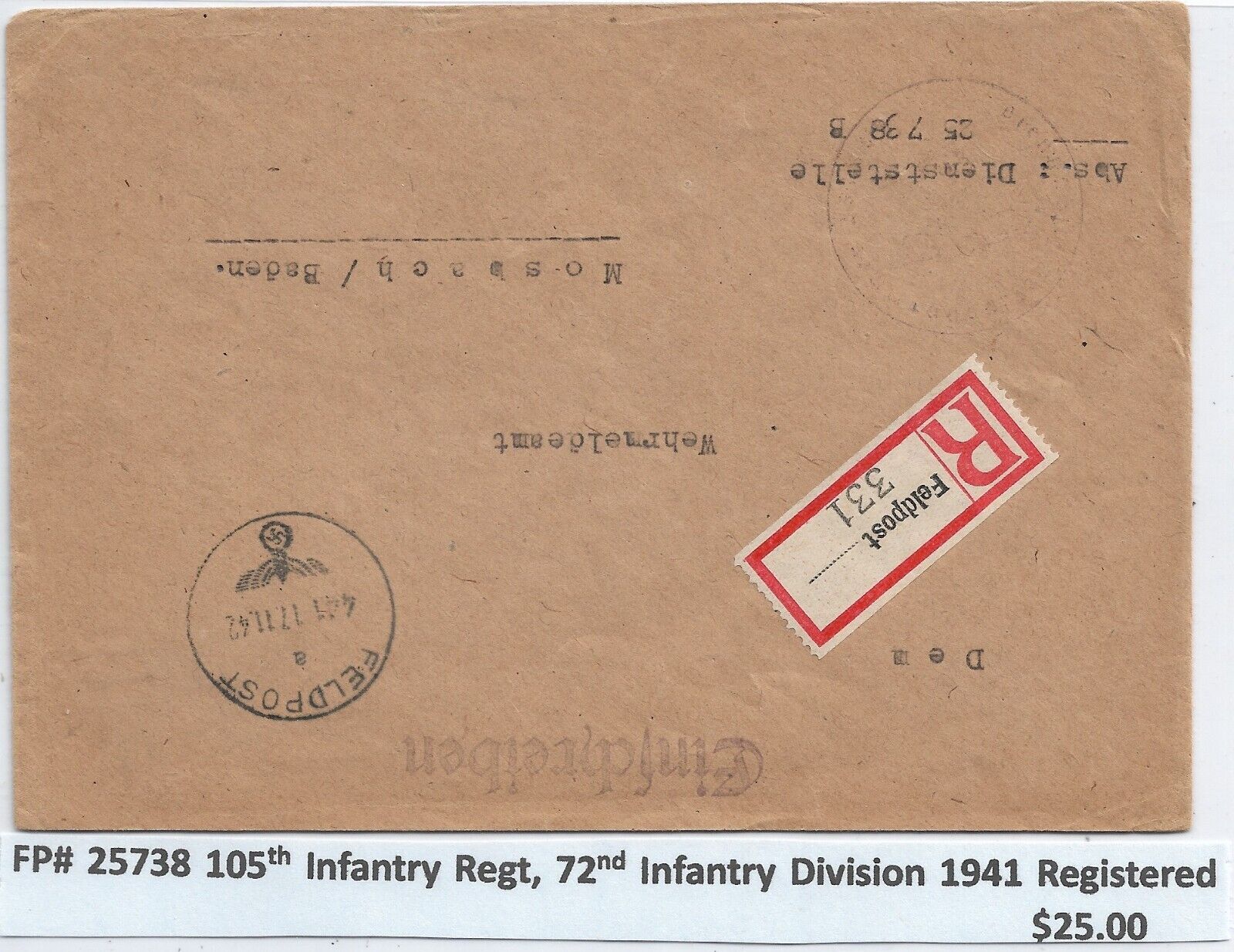WW2: Germany Feldpost: 105th Infantry Regt, 72nd Infantry Division 1942 ...