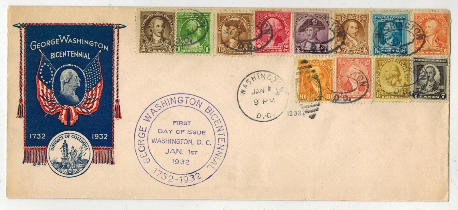 1932 George Washington Bicentennial Cmplt SET on Scarce #10 FDC CV $250 ...