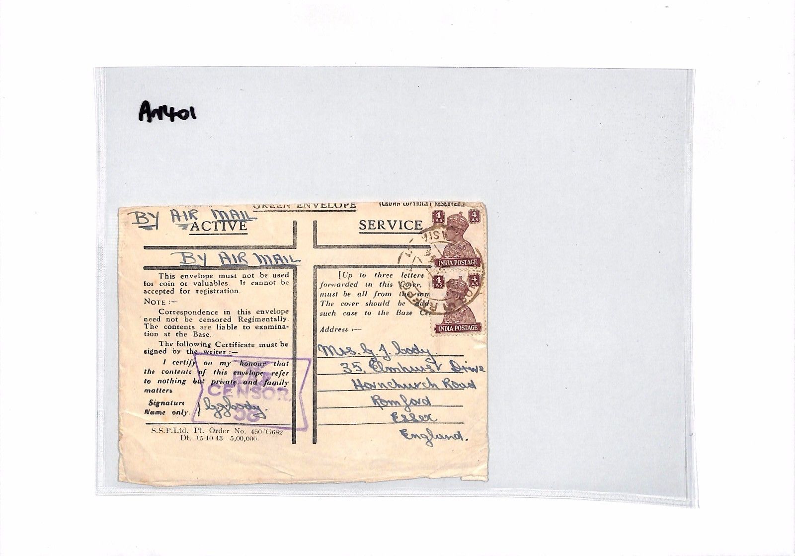 AN401 1944 WW2 INDIA AIR FORCES Honour Envelope *RAF CENSOR 58* Airmail ...