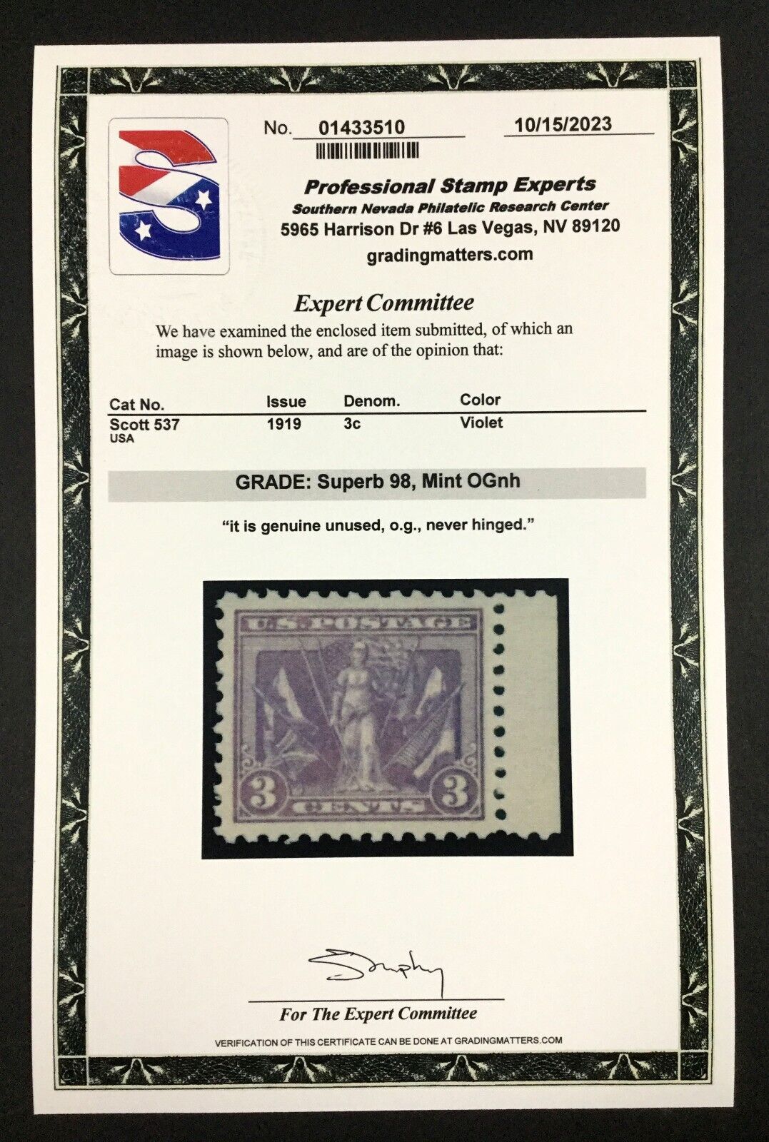 US Stamps #537 Mint OG NH PSE Graded Cert Sup-98 LOT #85453 | United ...