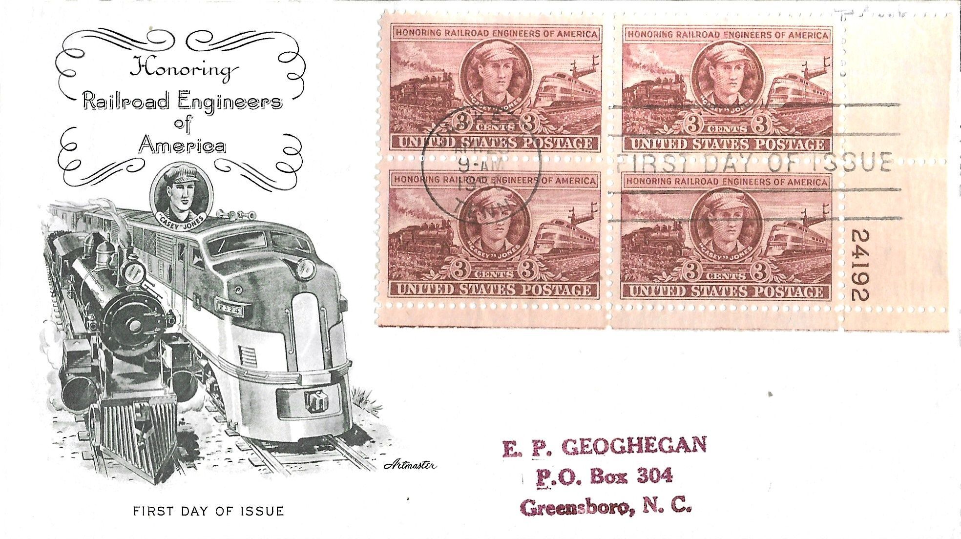 1950 FDC, #993, 3c Railroad Engineers, Artmaster, plate block of 4 ...