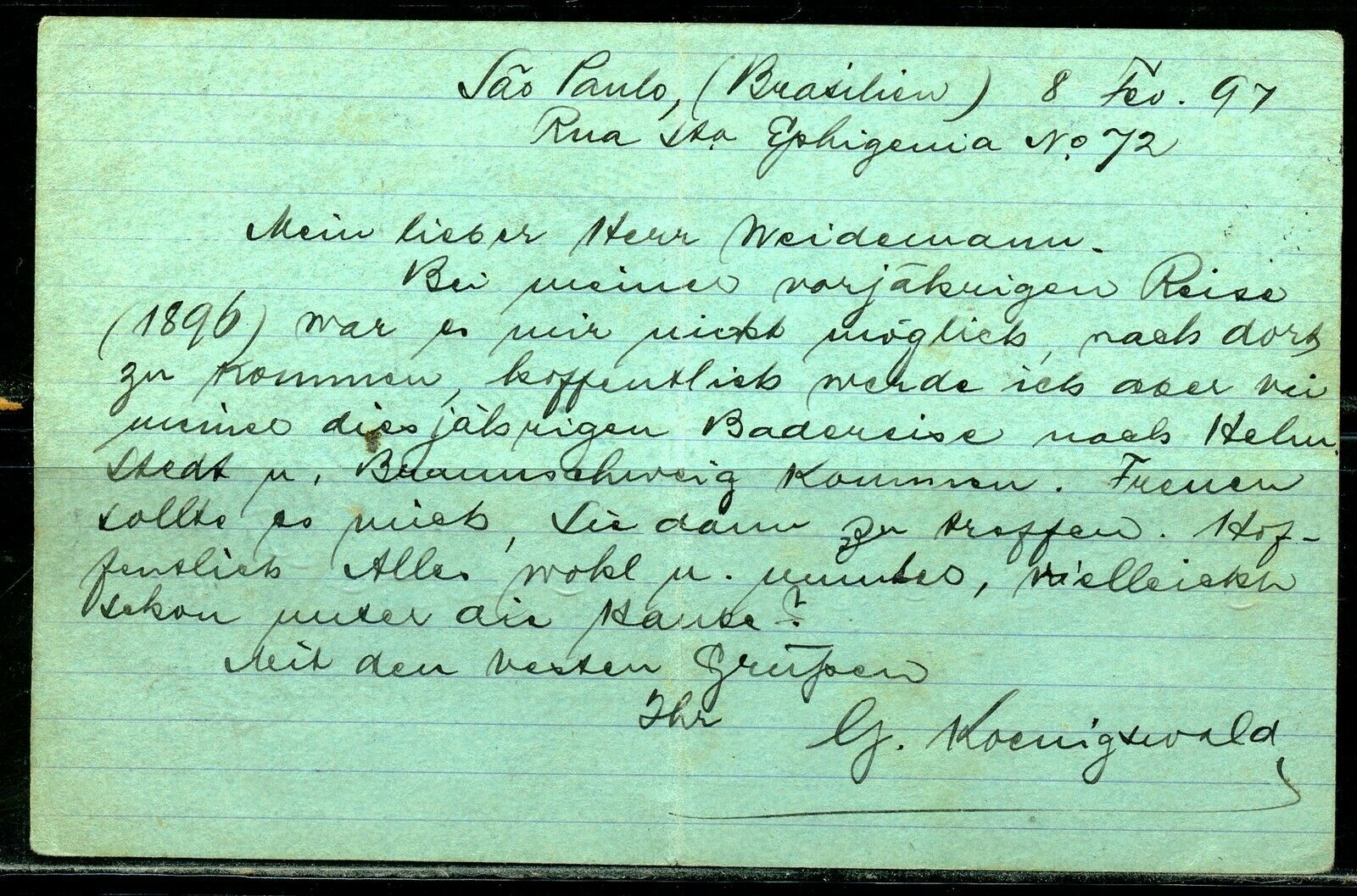 Brazil Rhm# Bp-48 PSC SAO Paulo, 2/8/1897 Postcard to Helmstedt Germany ...